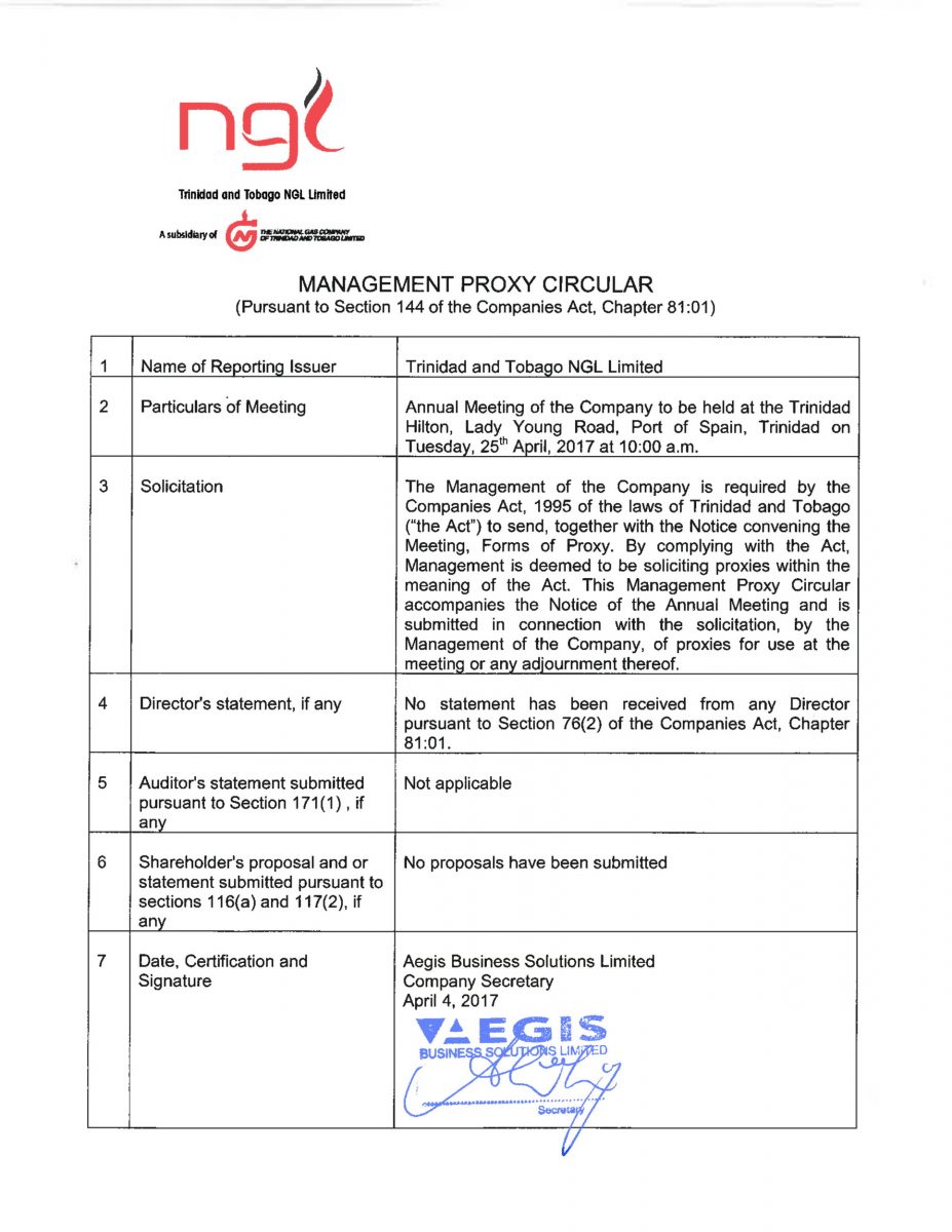 Management Proxy Circular and Form of Proxy | Trinidad and Tobago NGL ...