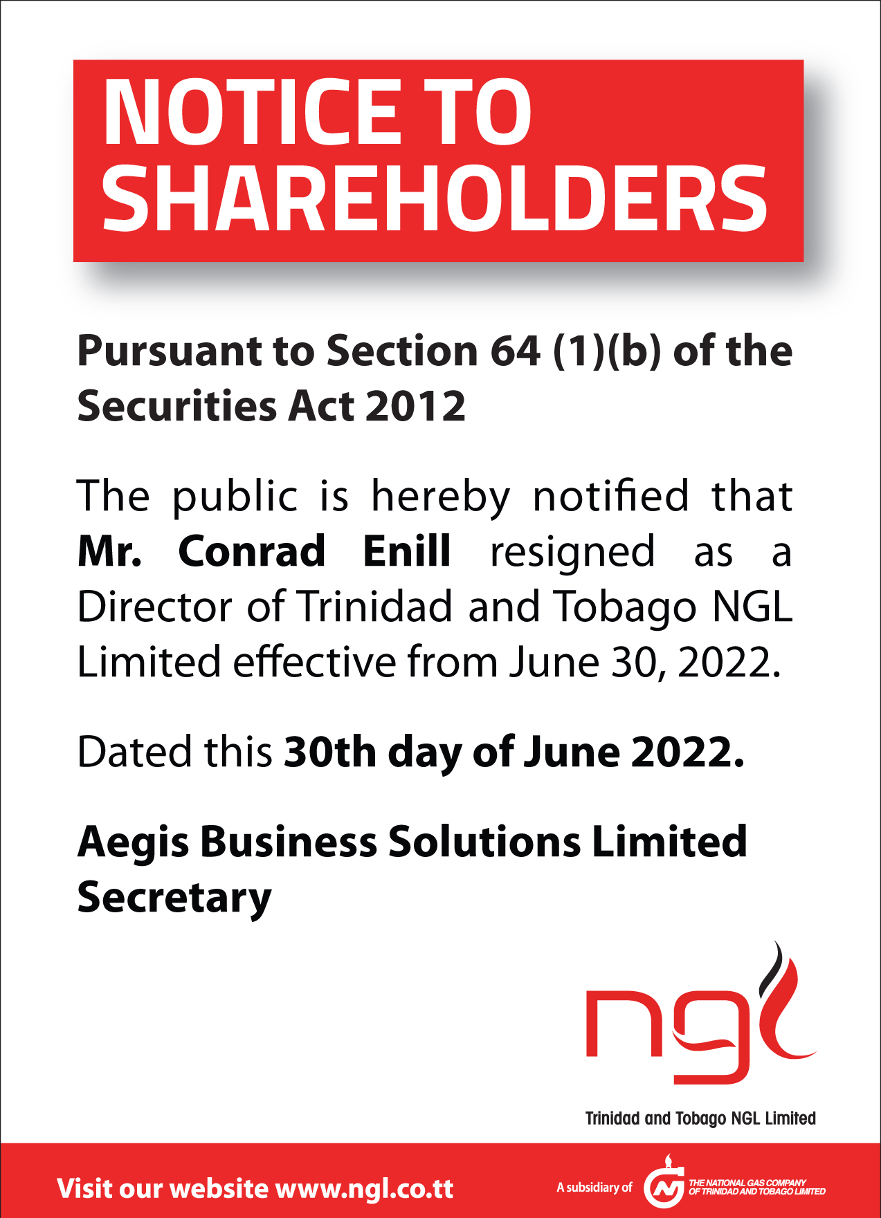 Notice: Resignation of Mr Conrad Enill as a Director | Trinidad and ...