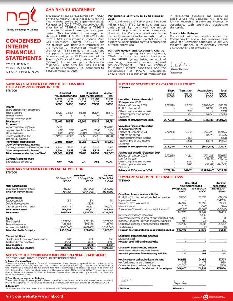 Condensed Interim Financial Statements for Nine Months ended 30 September, 2025 | Trinidad and ...